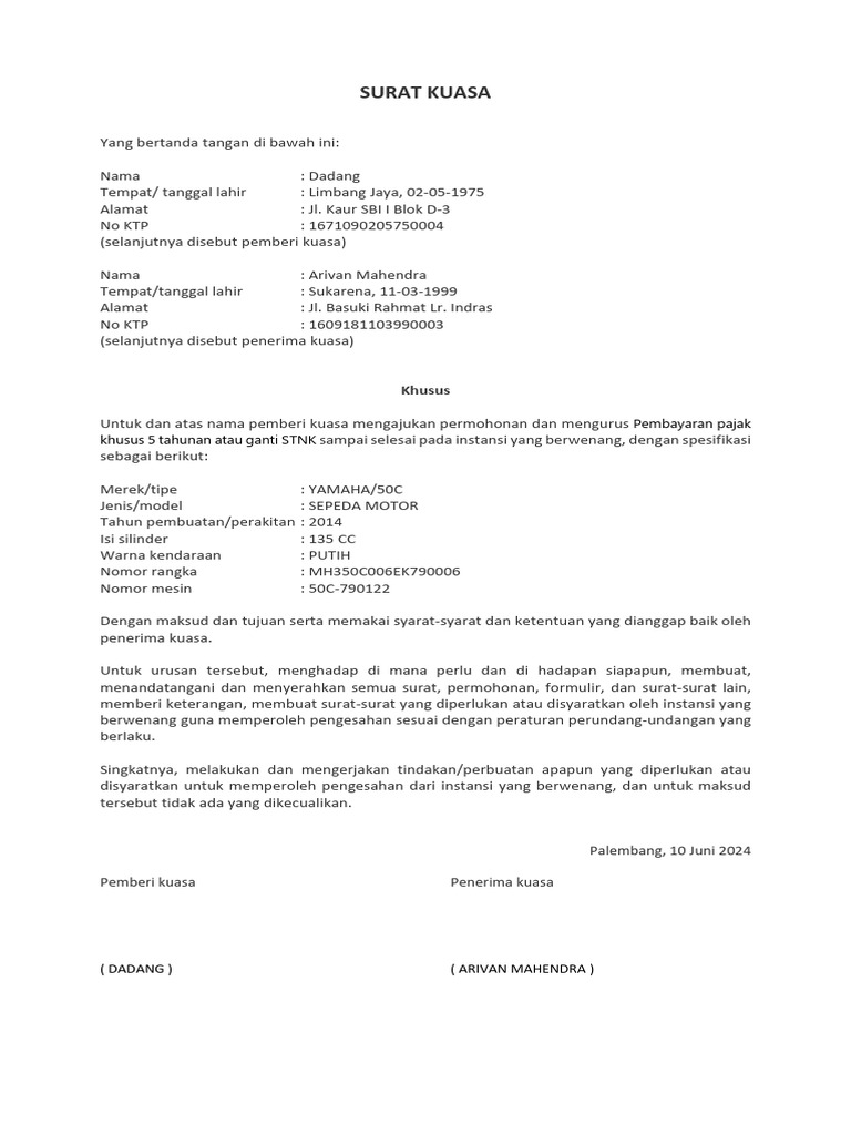 Surat Kuasa Pengurusan STNK | PDF