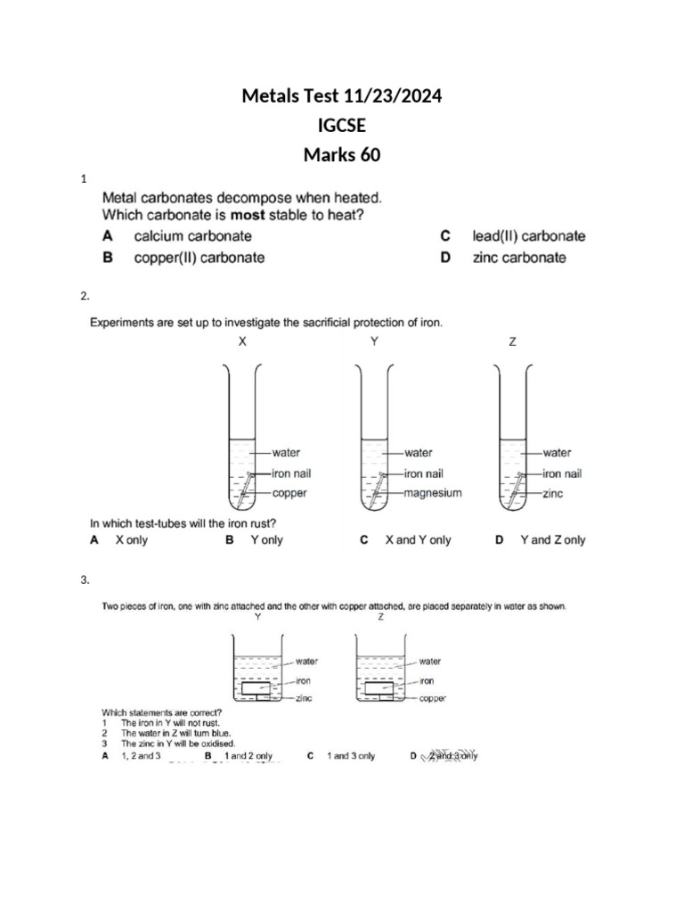 Metals test 2024 IGCSE | PDF