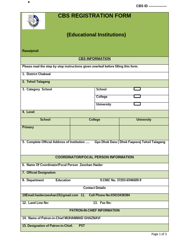 CBS Registration Form for Educational Institutions | PDF | Computing