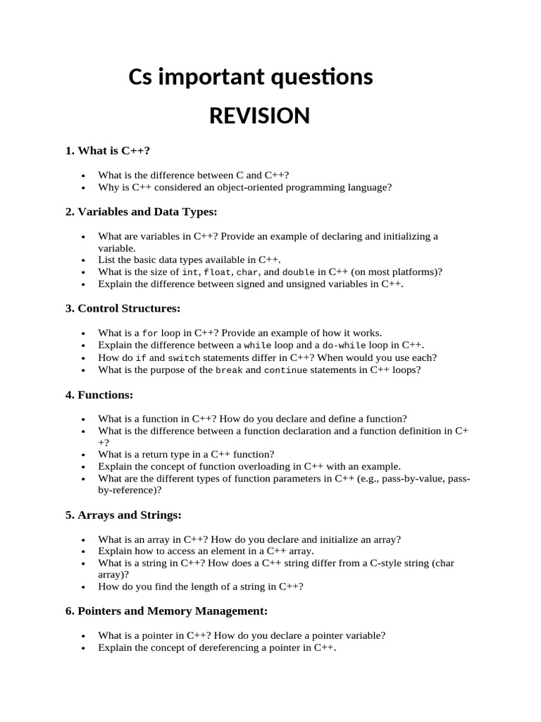 Cs important questions | PDF | C++ | Pointer (Computer Programming) Cs important questions | PDF | C++ | Pointer (Computer Programming)