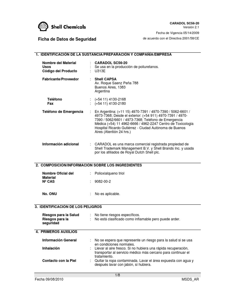 Ficha de Seguridad Caradol SC56-20 | PDF | Contaminación | Agua
