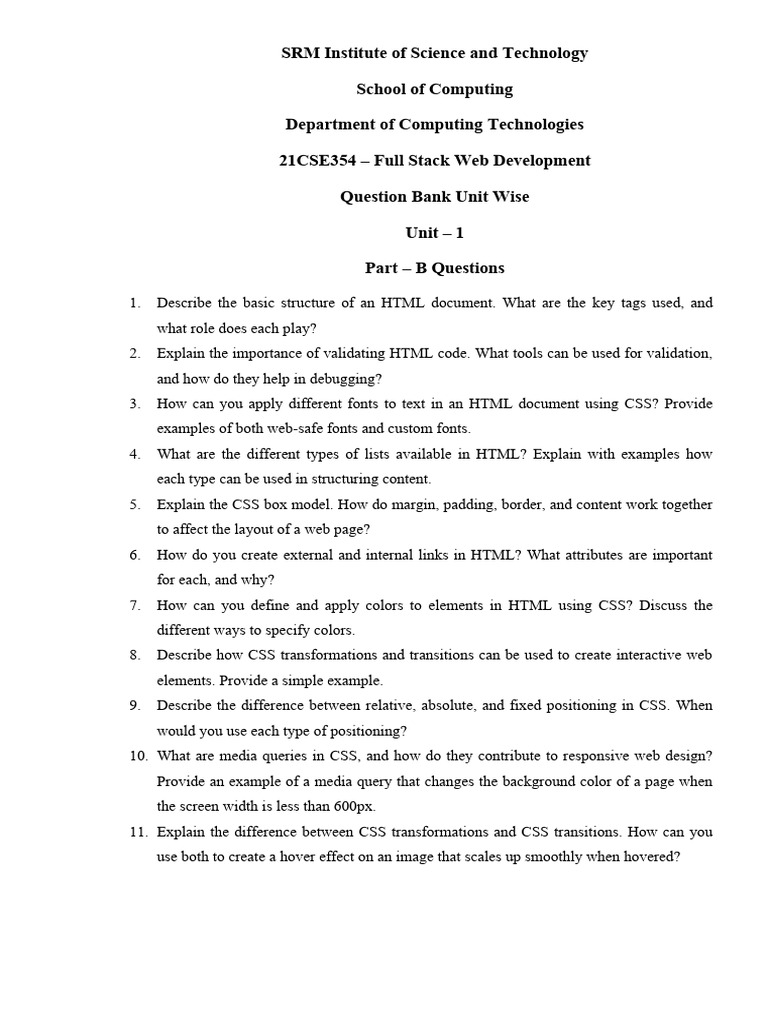 21CSE354T - Full Stack Web Development Question Bank | PDF | Html | World Wide Web