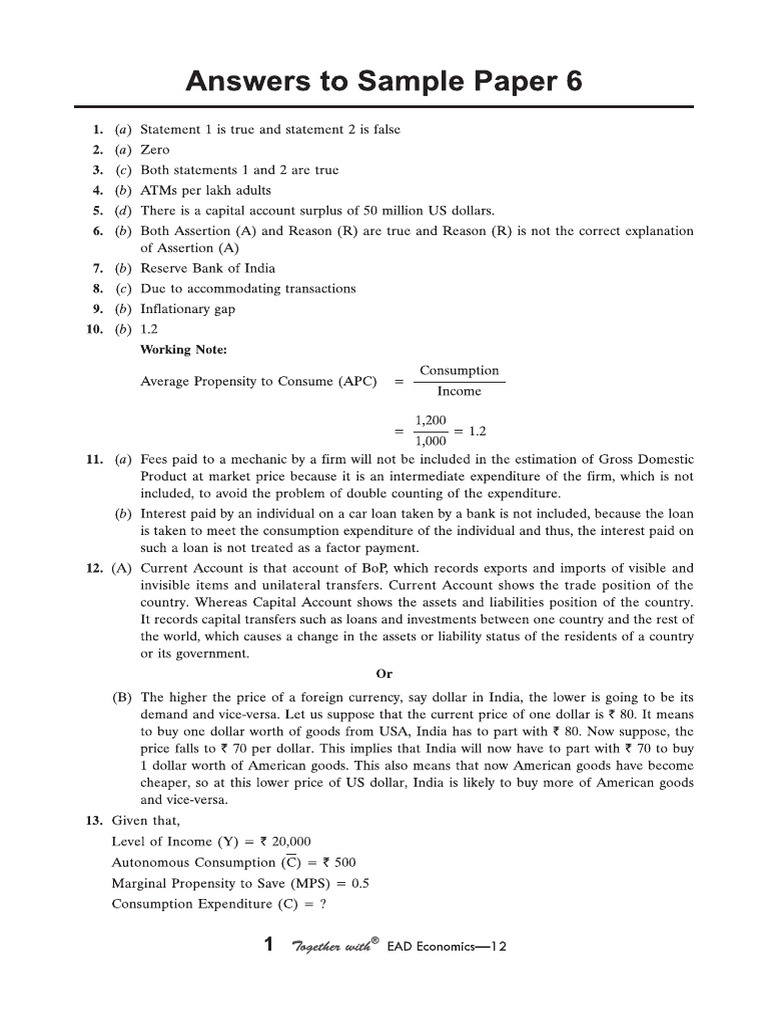 Cbse Cl12 Ead Economics Answers To Sample Paper 6 2025 | PDF