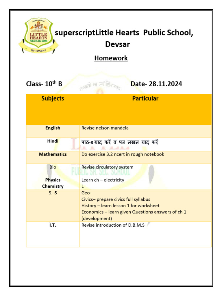 Class 10B Homework Schedule | PDF