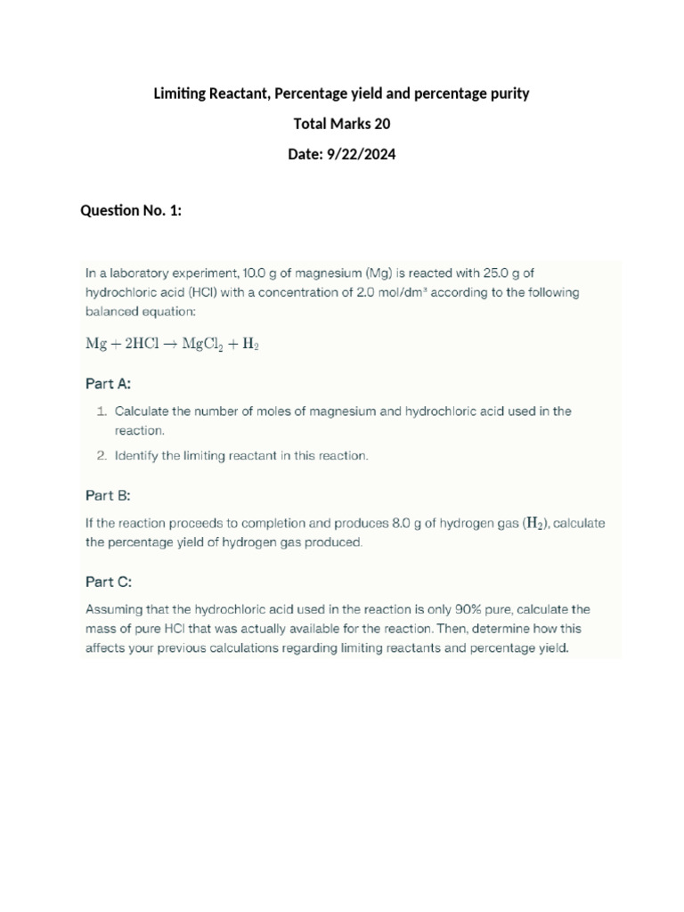 Limiting Reactant Test For Igcse Pdf