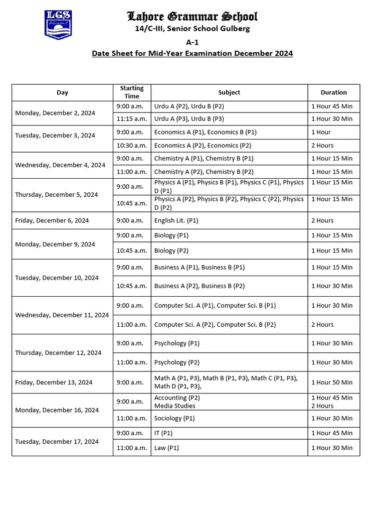 Date Sheet A1 Mid Term 2024 Backup | PDF