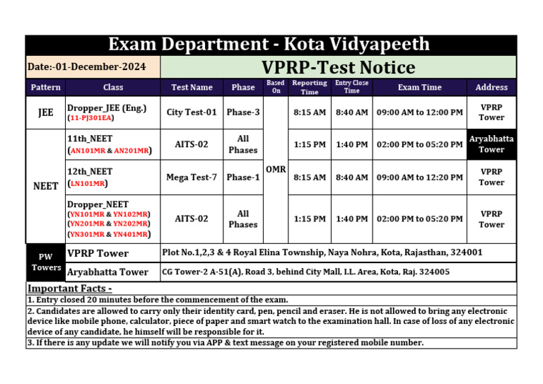 VPRP Test Notice 01-December-2024 | PDF | Mobile Technology | Mobile Phones