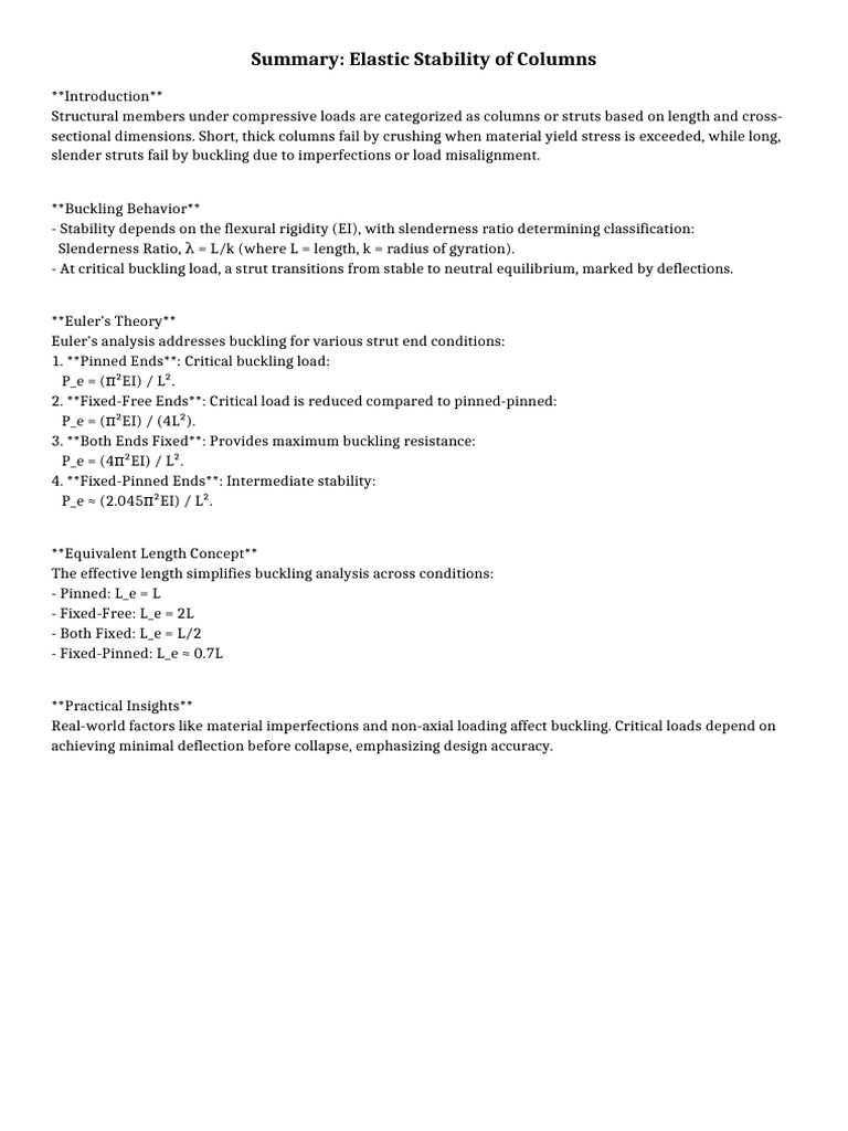 Elastic Stability of Columns Summary With Formulas | PDF