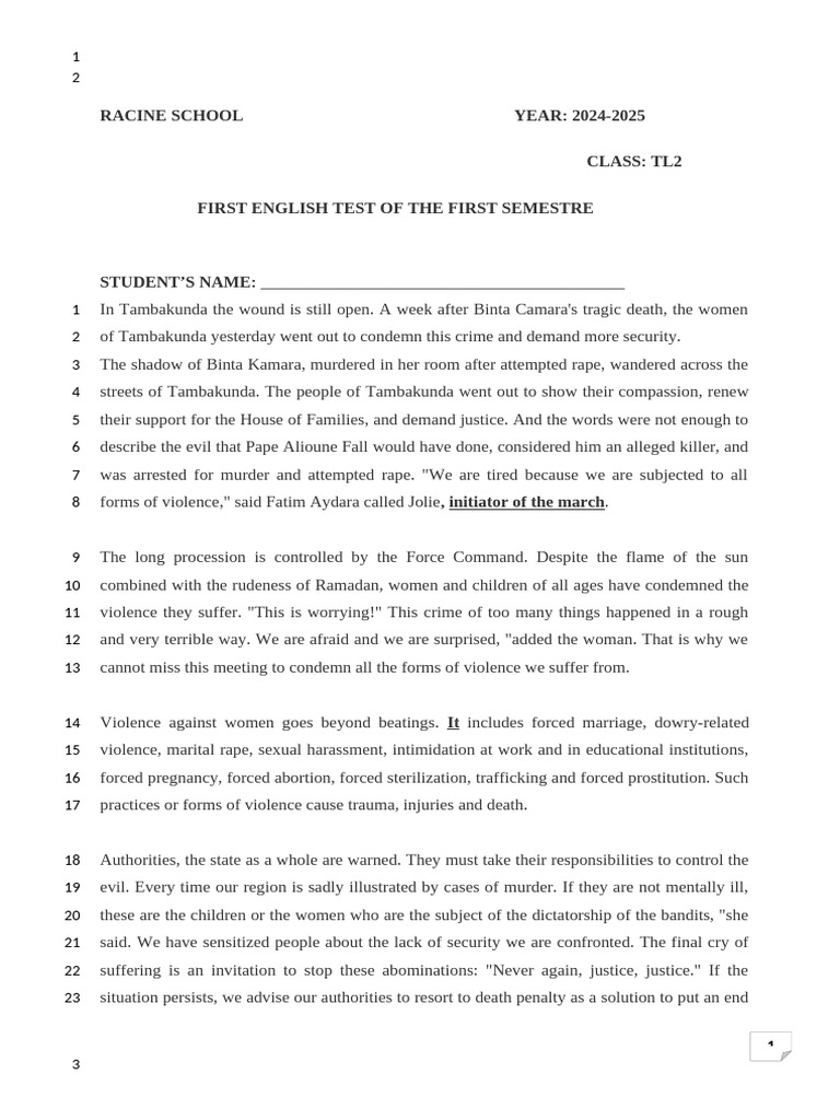 Racine School d1 First S Tl2 2025 | PDF | Rape | Violence