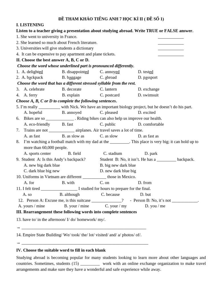 Đề Tham Khảo Anh 7 Hk2- Hs 23-24 | PDF | Baggage | Carnival