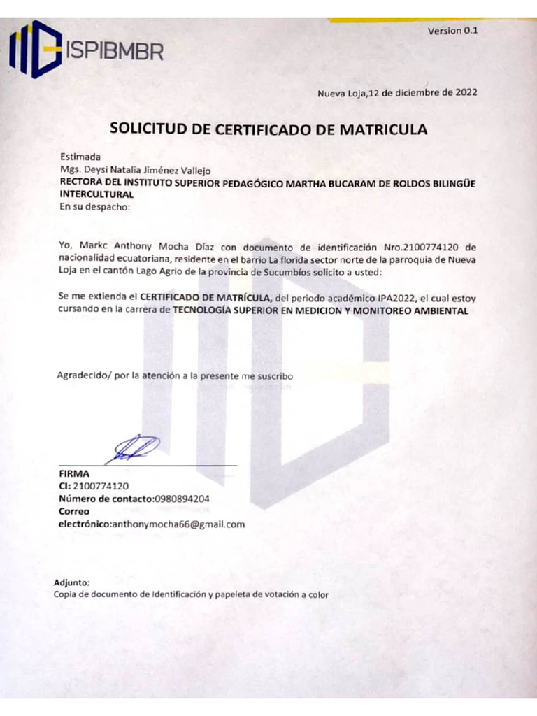 Solicitud de Certificado de Matrícula | PDF