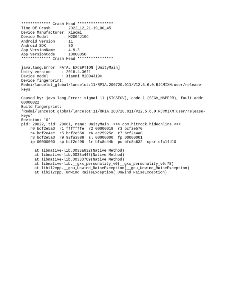 Xiaomi Crash Report for Unity App | PDF