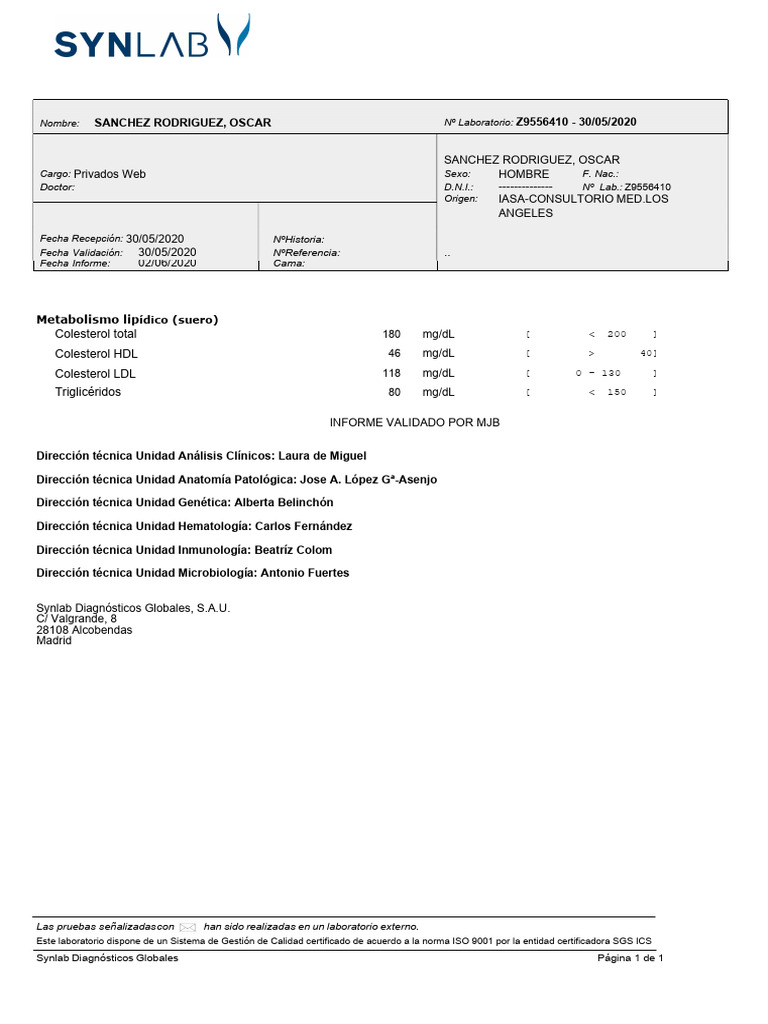 AnalisisOscarColesterol y Trigliceridos 30may2020 SYNLAB Protegido | PDF