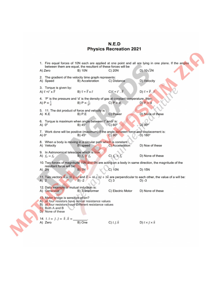 Ned 2021 Physics Test Paper Round 1 | PDF | Mathematics | Science
