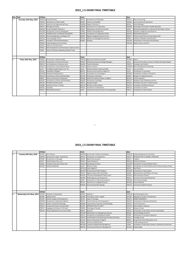 2023 1 Eexams Final Timetable | PDF | Science | Nigeria