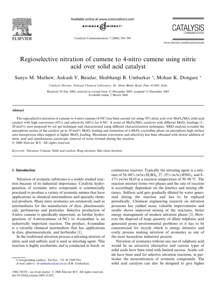 Regioselective Nitration of Cumene | PDF | Catalysis | Silicon Dioxide