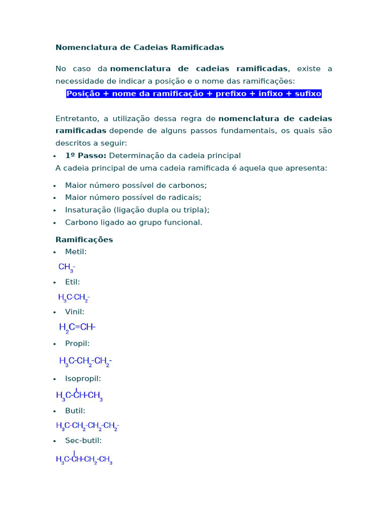 Nomenclatura de Cadeias Ramificadas | PDF | Radical (Química) | Carbono