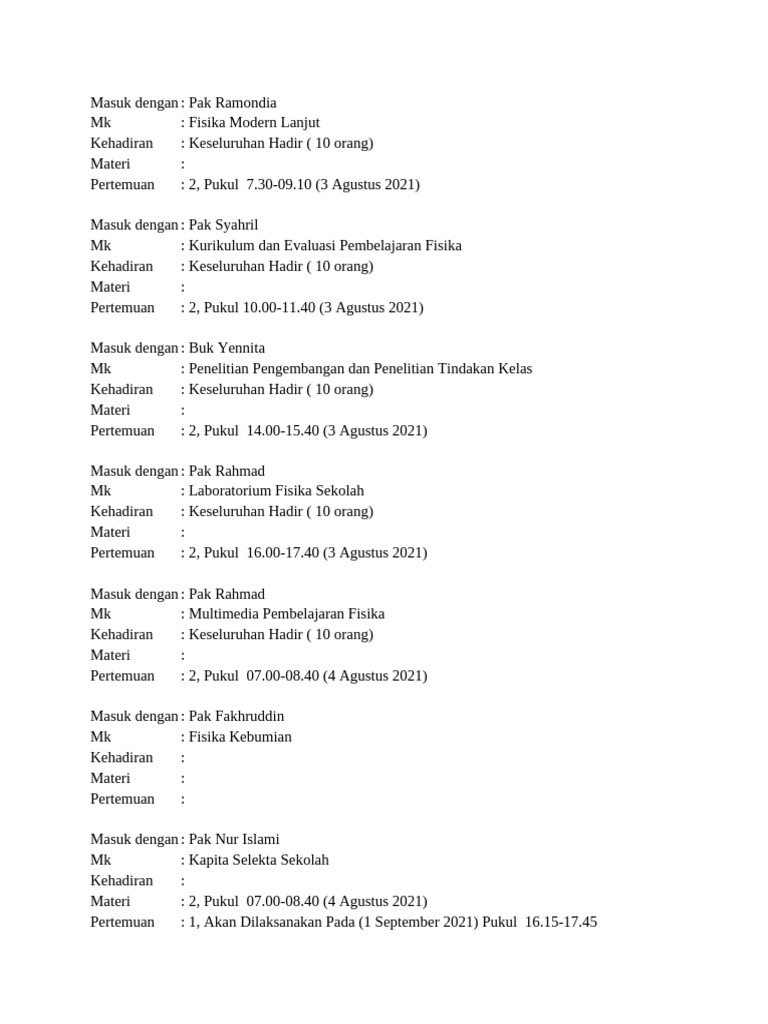 Jadwal Perkuliahan Pertemuan Ke-2 S2 Megister Pendidikan Fisika Semester II | PDF