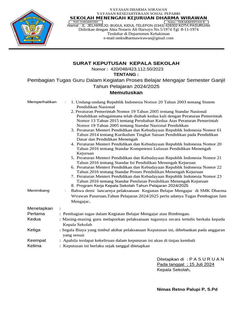 SK Pembagian Jam Mengajar | PDF