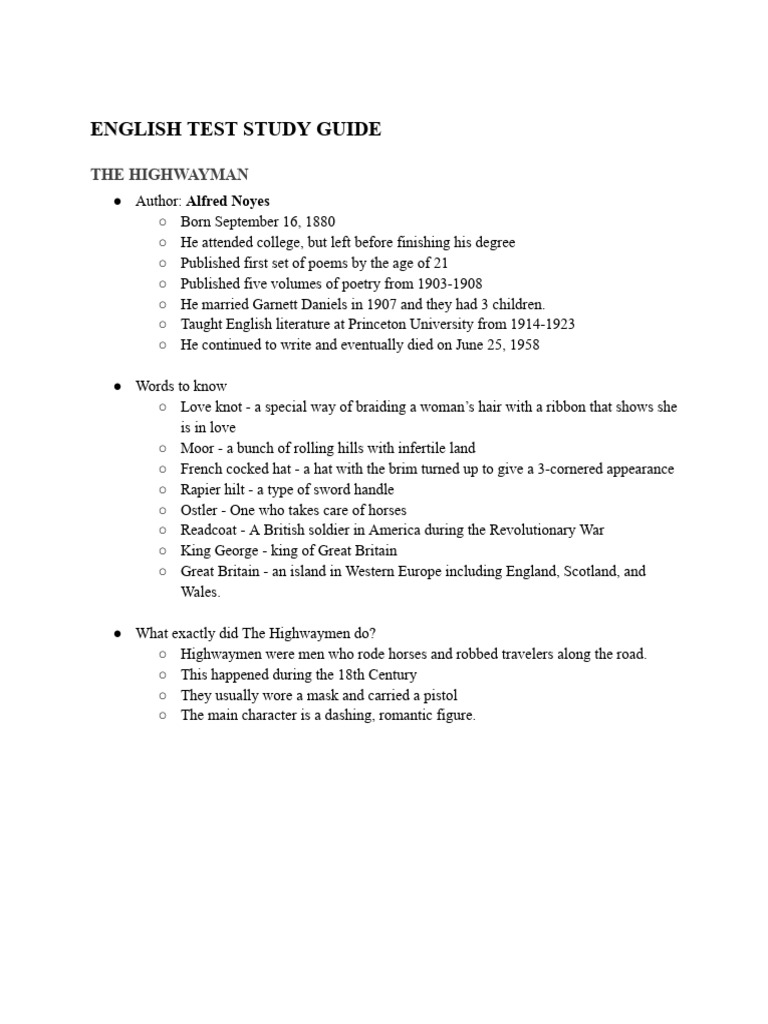 ENGLISH TEST STUDY GUIDE | PDF | Poetry | Victorian Era