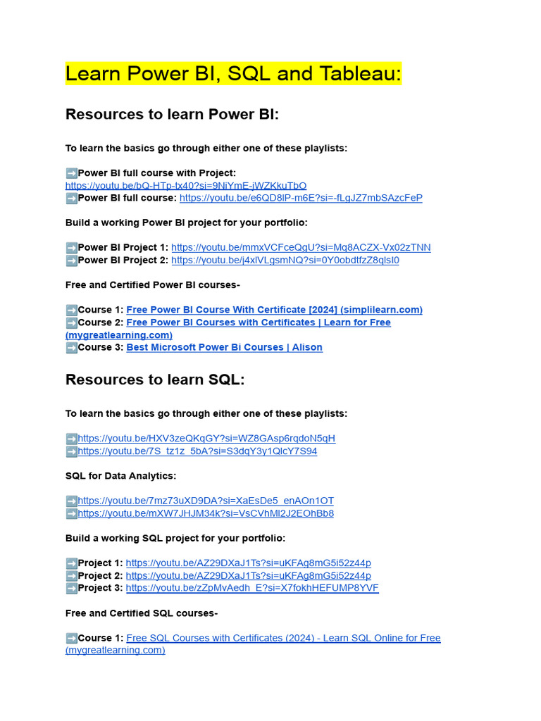 Learn Power BI, SQL & Tableau Resources | PDF | Sql | Data Management