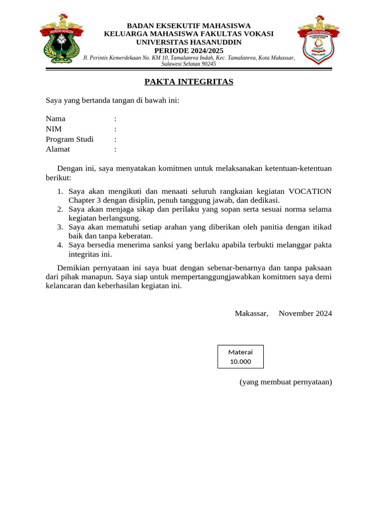 PAKTA INTEGRITAS VOCATION 3 | PDF