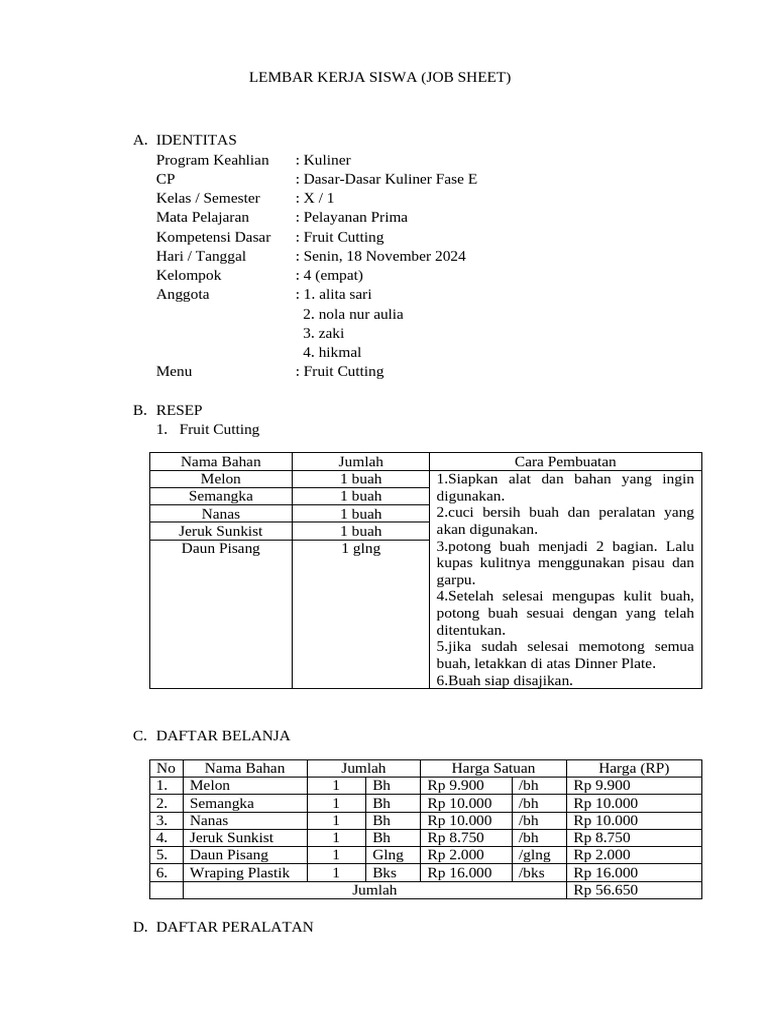 Lembar Kerja Siswa (Fruit Cutting) | PDF