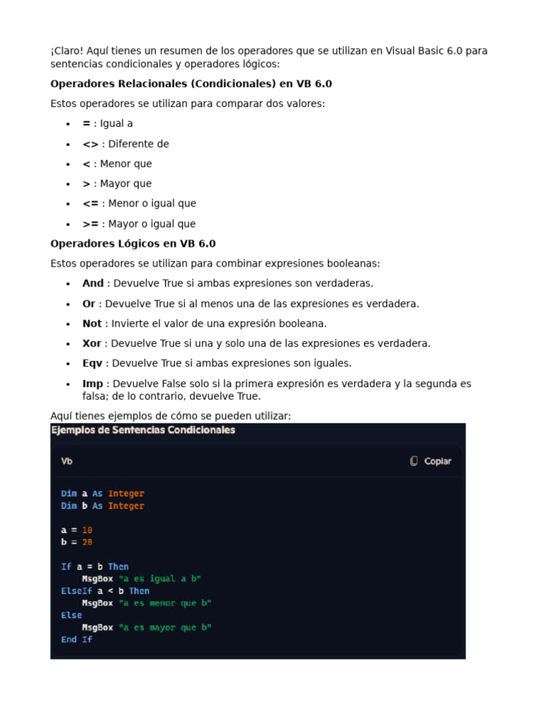 Operadores en Visual Basic 6.0: Guía Rápida | PDF