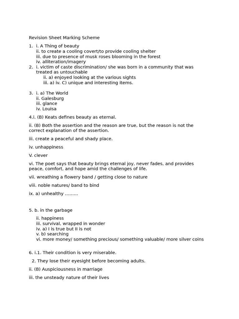 Revision Sheet Marking Scheme English Core | PDF
