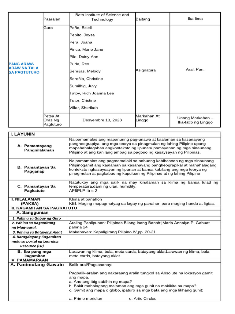 Banghay Aralin Sa AP VI Template GROUP C 1 | PDF