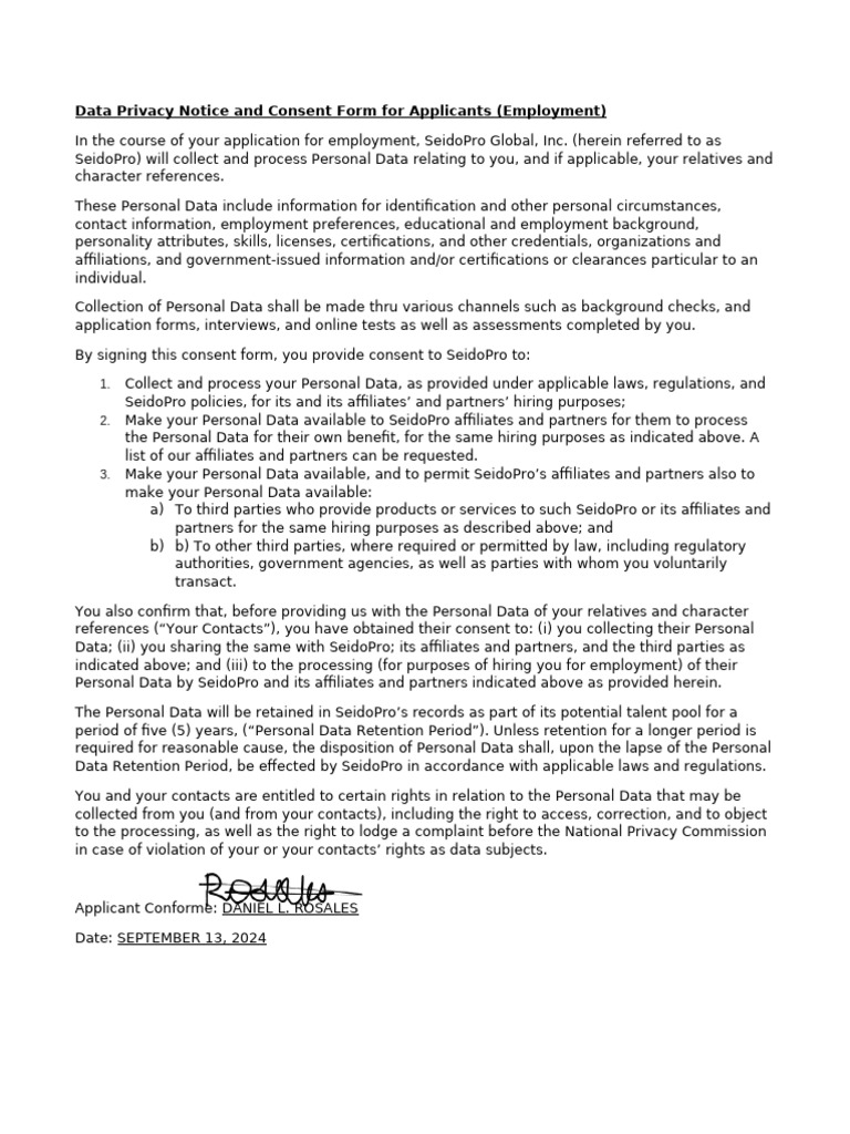 Applicant Data Privacy Consent Form | PDF | Background Check | Justice