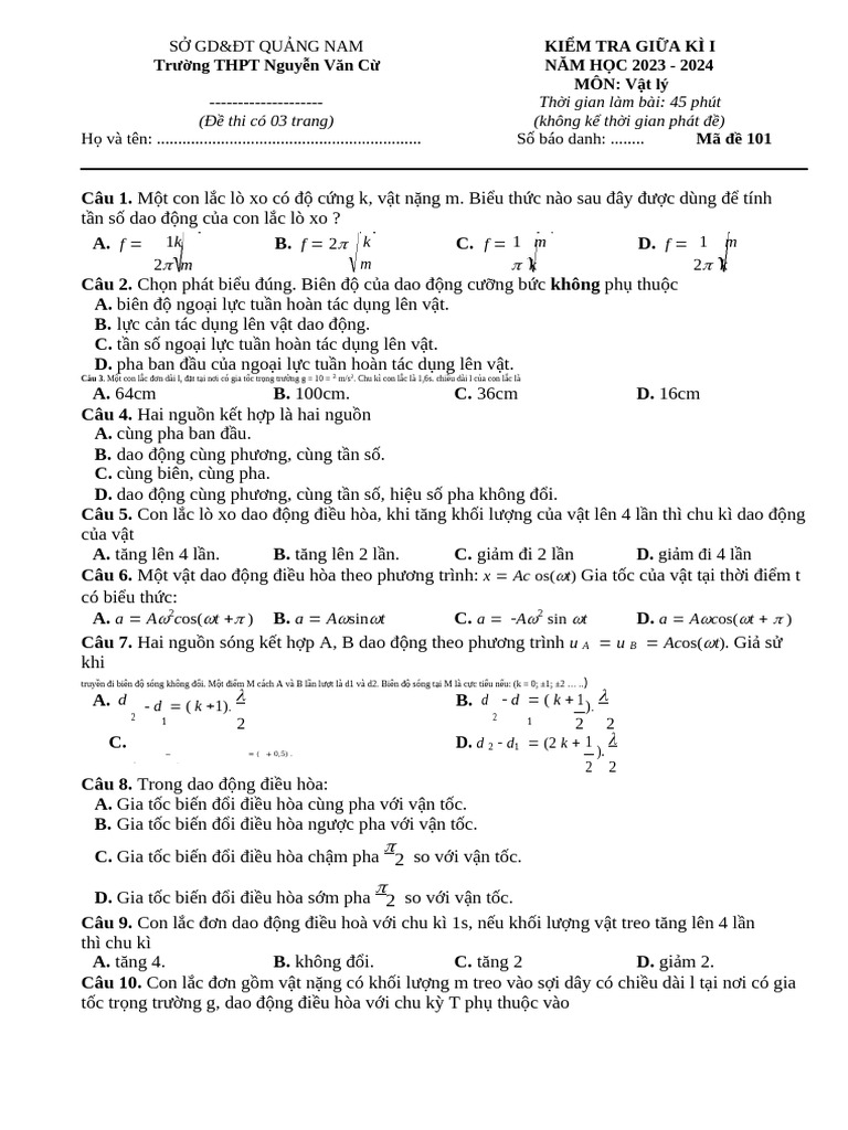 De - KTra - Ly11 (Moi) - Ly12 (Cu) - THPT Nguyen Van Cu - 1-4 | PDF