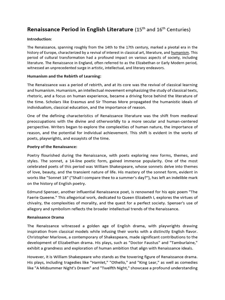 English Renaissance Literature Overview | PDF | Renaissance | William ...