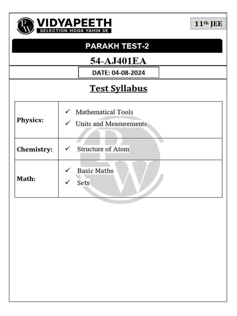 PARAKH TEST-2 Syllabus for 11th JEE | PDF