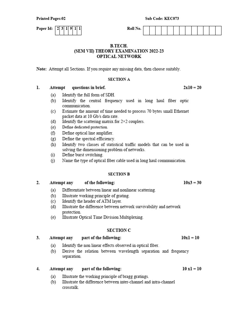 Btech Ec 7 Sem Optical Network Kec073 2023 | PDF | Computer Network | Fiber Optic Communication