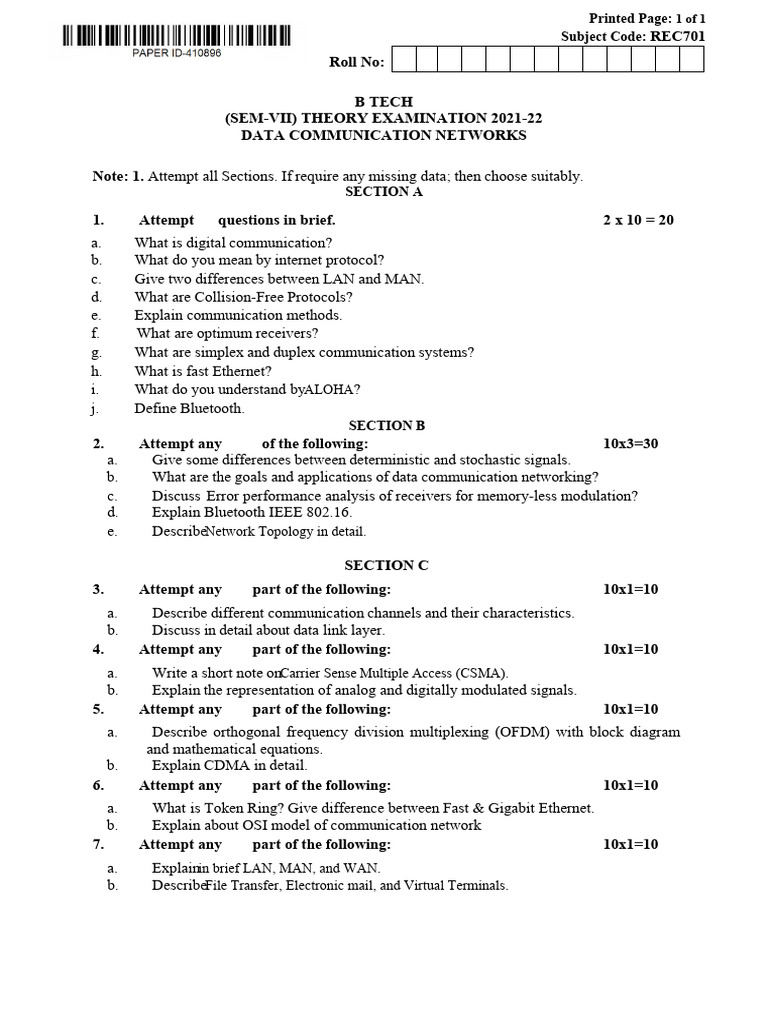 Btech Ec 7 Sem Data Communication Networks Rec701 2022 | PDF ...