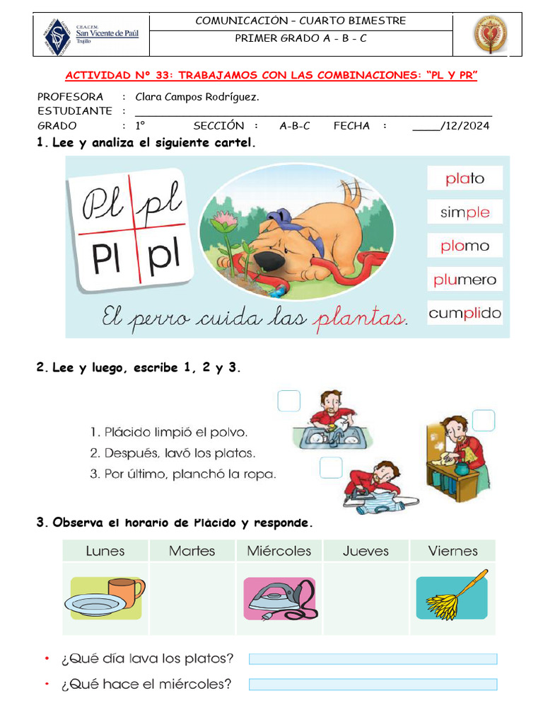 Actividad N33 - Trabajamos Con Las Combinaciones PL y PR - Comunicacion - Primer Grado | PDF