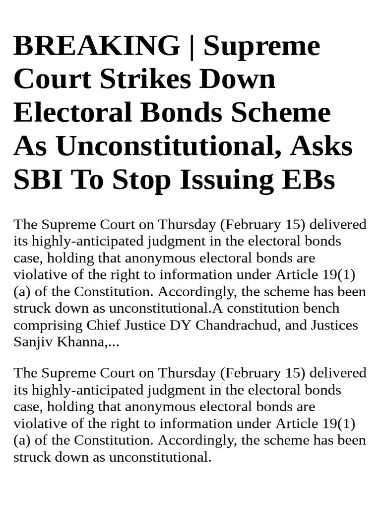 Breaking Supreme Court Strikes Down Electoral Bonds Scheme As Pdf 8628
