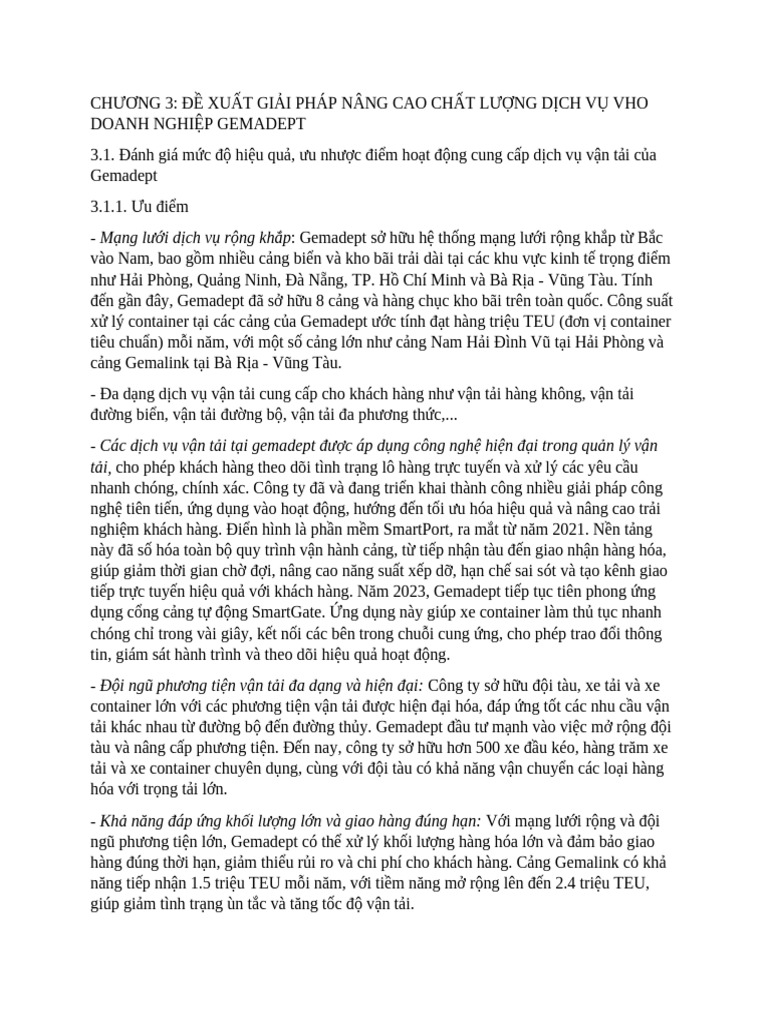 Đánh giá hiệu quả, ưu và nhược điểm của hoạt động cung cấp dịch vụ vận tải của GEMADEPT | PDF