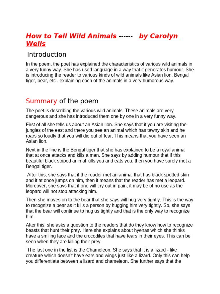 Summary of "How to Tell Wild Animals" | PDF | Rhyme | Tiger