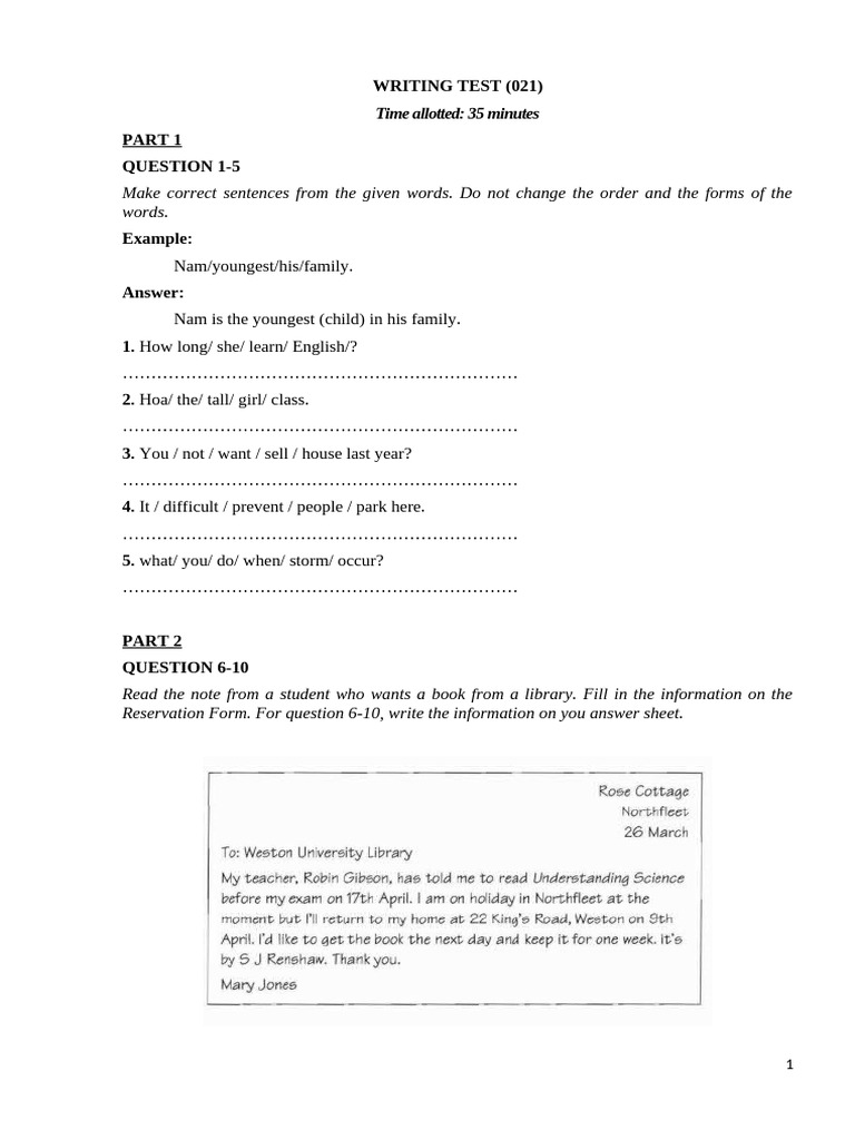 English Writing Test Instructions | PDF