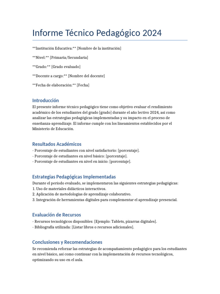 Modelo Informe Tecnico Pedagogico 2024 Peru Word | PDF