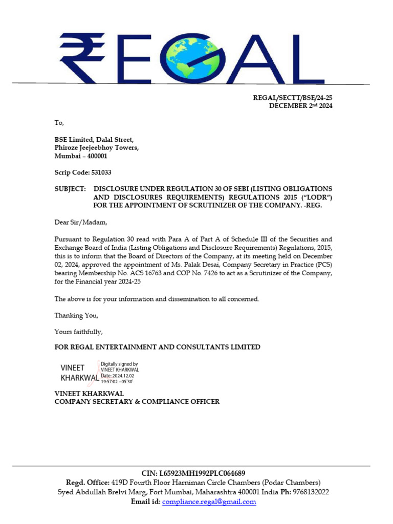 Vineet Kharkwal: CIN: L65923MH1992PLC064689 Regd. Office: PH: Email Id ...