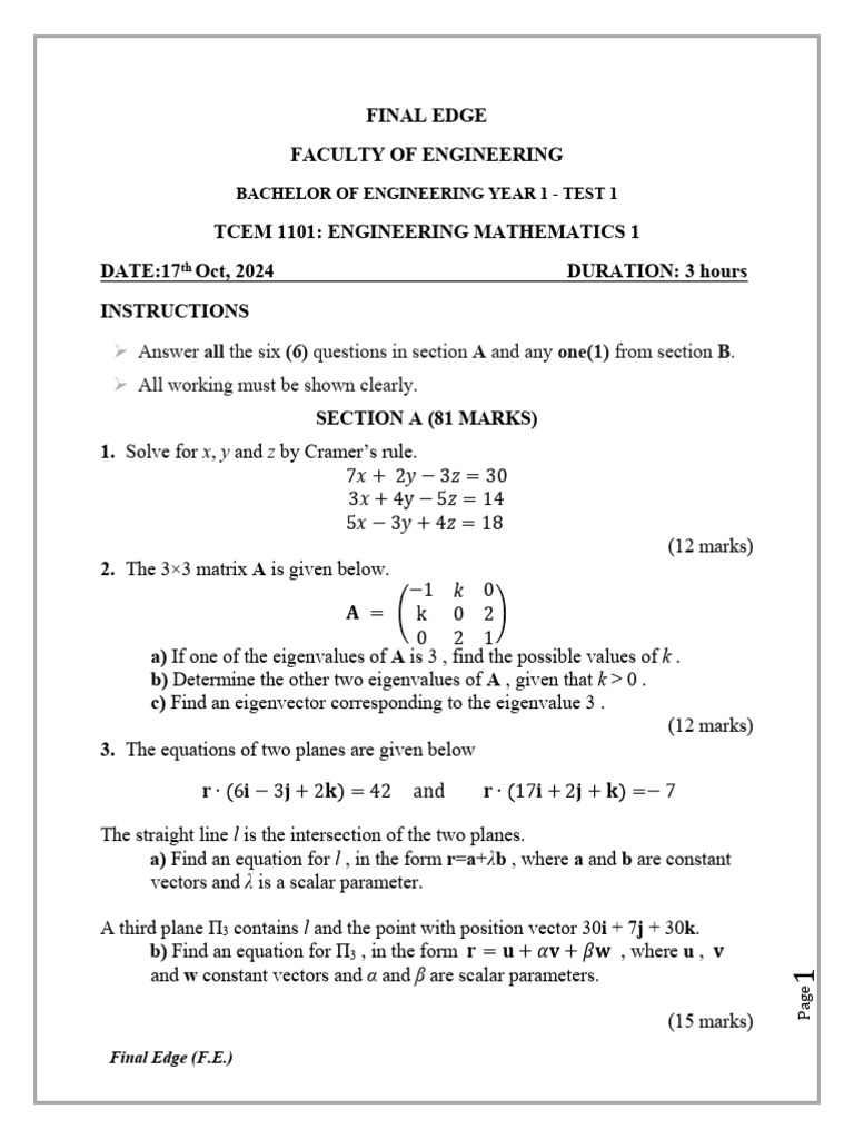 Engineering Math Test 1 Exam Paper | PDF | Eigenvalues And Eigenvectors ...