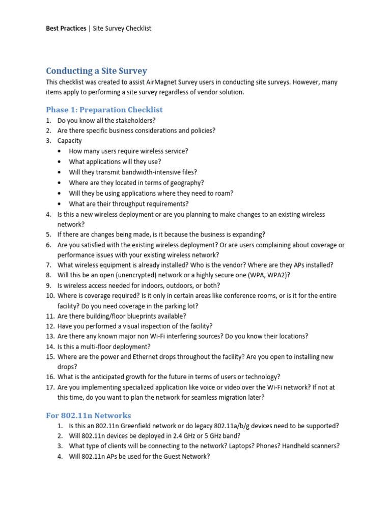 Site_Survey_Checklist | PDF | Ieee 802.11 | Wi Fi