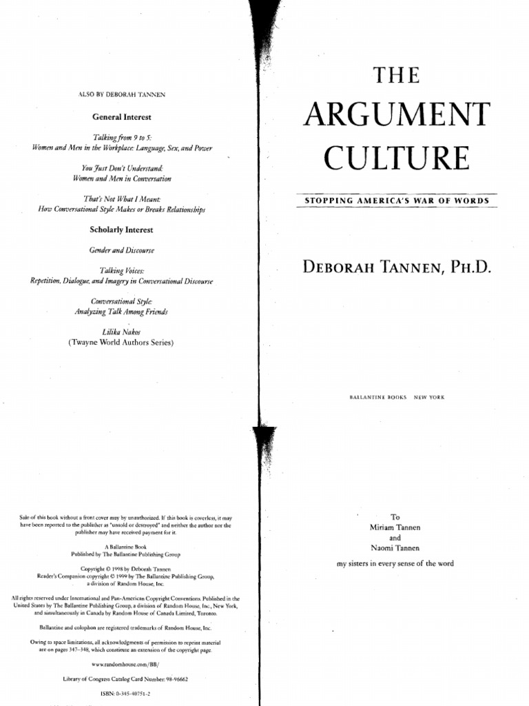1998 Deborah Tannen, The Argument Culture (1998) | PDF | Truth | Logic