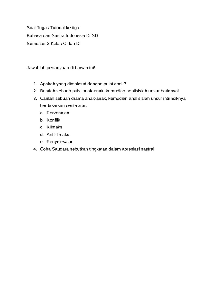 Soal Tugas Tutorial 3 Bahasa Dan Sastra Indonesia Di SD | PDF