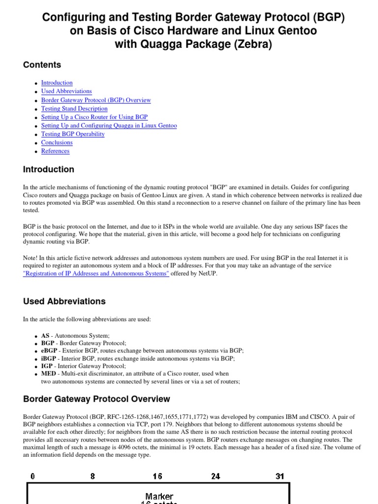 Configuring And Testing Border Gateway Protocol Bgp On Basis Of Cisco Hardware And Linux