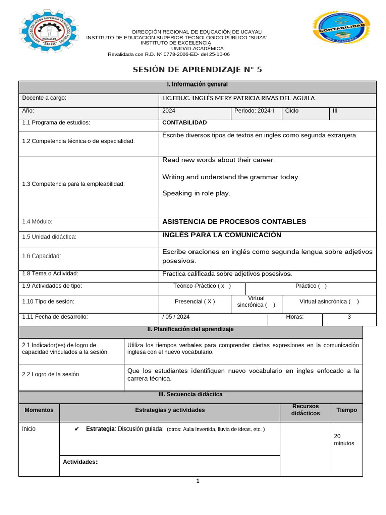 Sesion de Aprendizaje 5 de CONTABILIDAD MERY RIVAS | PDF | Educación más alta | Lingüística