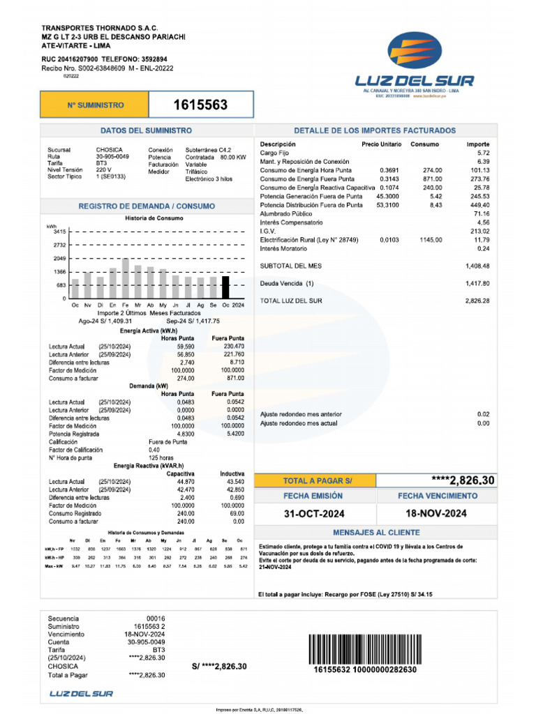 Recibo Luz Del Sur Octubre 2024 | PDF